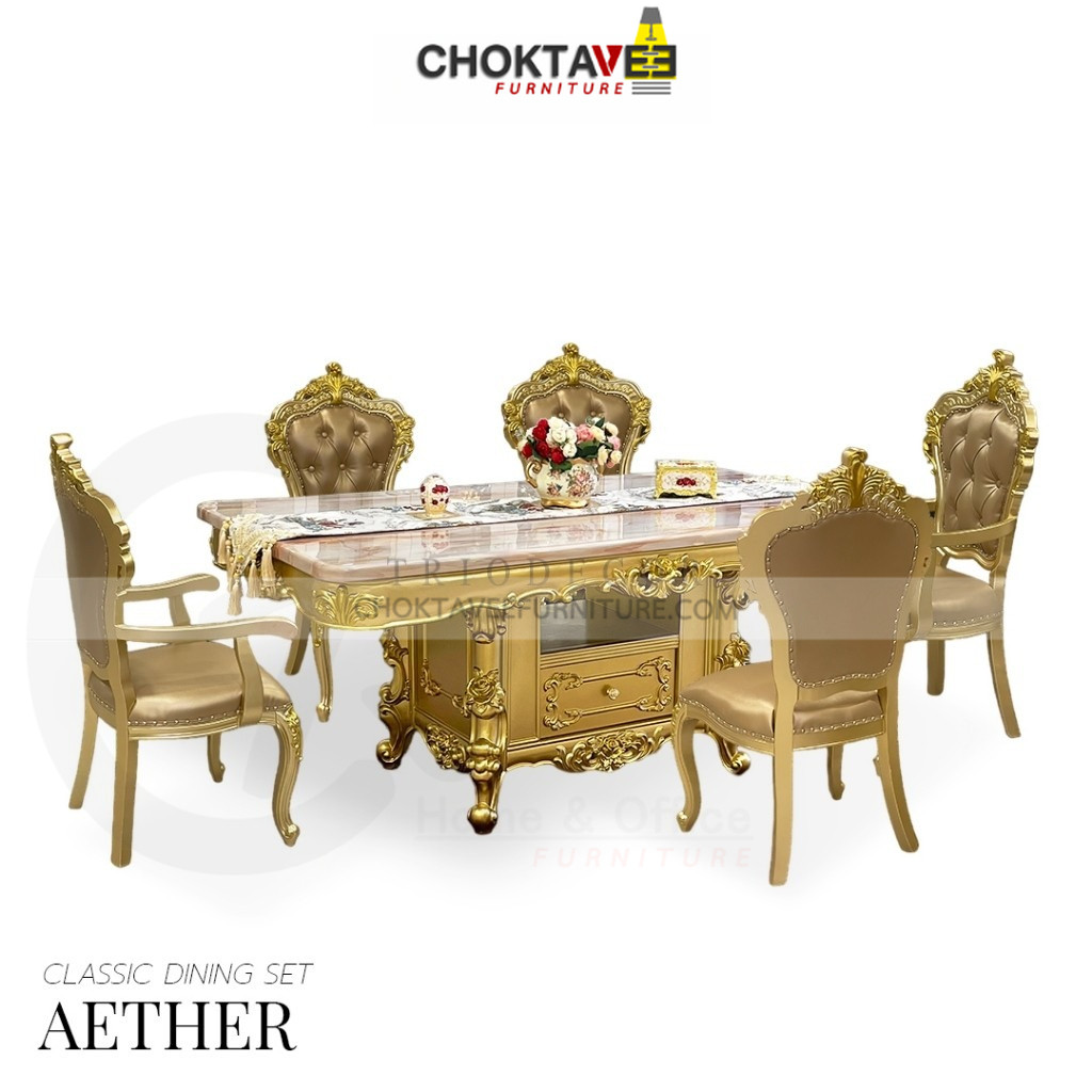 ชุดโต๊ะอาหาร 6P. 180cm. (หิน) วินเทจ หลุยส์ สีทอง (Grand Diamond Classic Sr.) รุ่น SET-TTB-LV ...