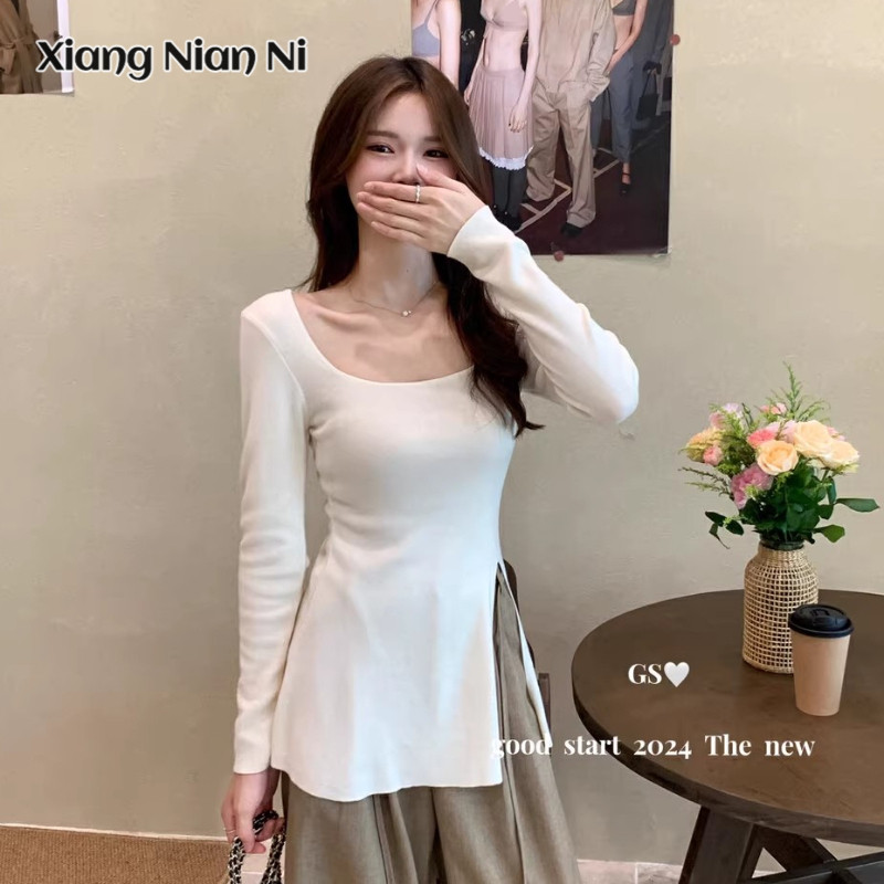 Xiang Nian Ni เสื้อสเวตเตอร์ถักผู้หญิงดีไซน์ปกสี่เหลี่ยมฝรั่งเศสทรงเอ Hem Slit ถักเสื้อแขนยาว ...