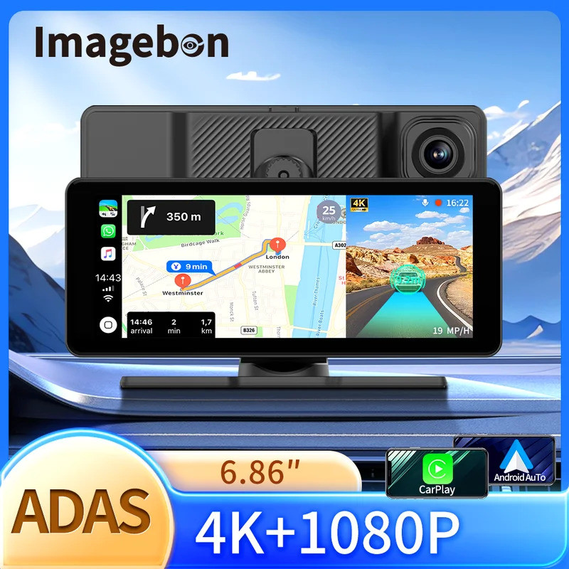 กล้องติดรถยนต์ Imagebon ขนาด 6.86 นิ้ว 4K ADAS ไร้สาย CarPlay & Android Auto พร้อมบลูทูธ เสียง ...