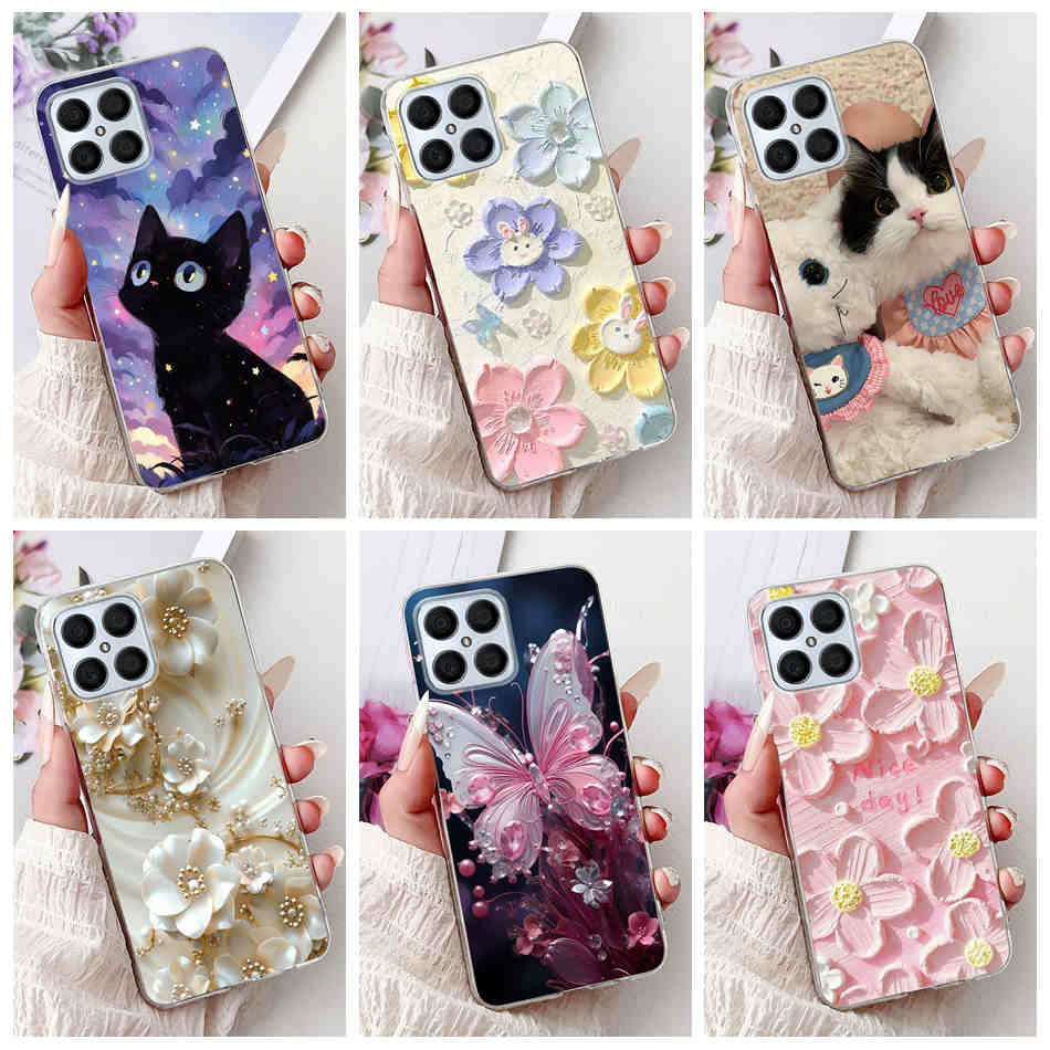 Honor X8 TFY-LX1 TFY-LX2 TFY-LX3 แมวผีเสื้อดอกไม้ทาสีกรณี HonorX8 4G ...