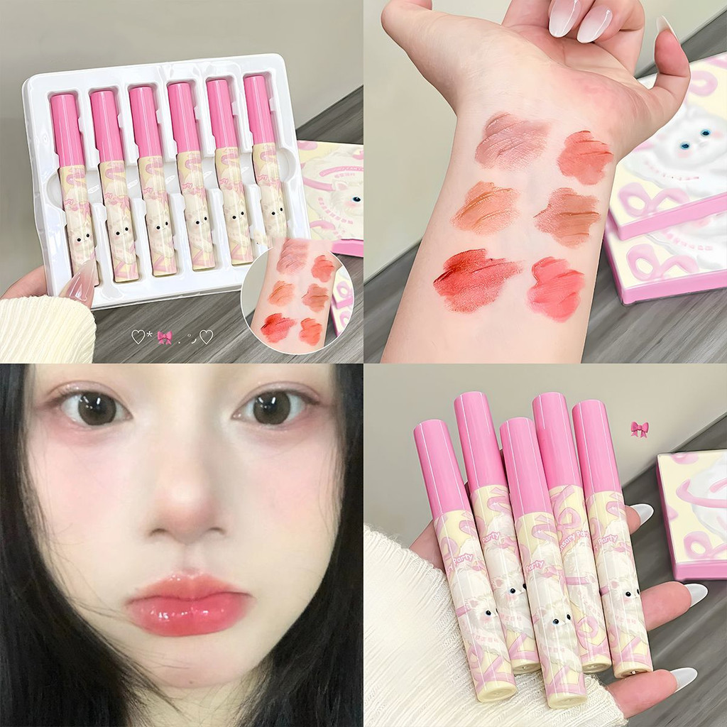 SENSORY PARTY 6 ชิ้น/เซ็ตสีชมพูการ์ตูนกระจกลิปกลอสลิปสติกให้ความชุ่ม ...