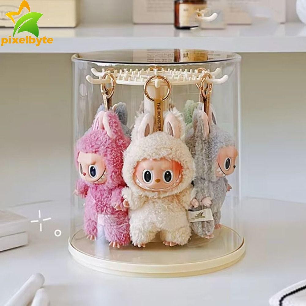 PIXELBYTE Labubu จี้กล่องแสดง, Hand-made โปร่งใสหมุน Labubu ขาตั้งจอแสดงผล,ฝุ่นตุ๊กตาของเล่นขนาด ...