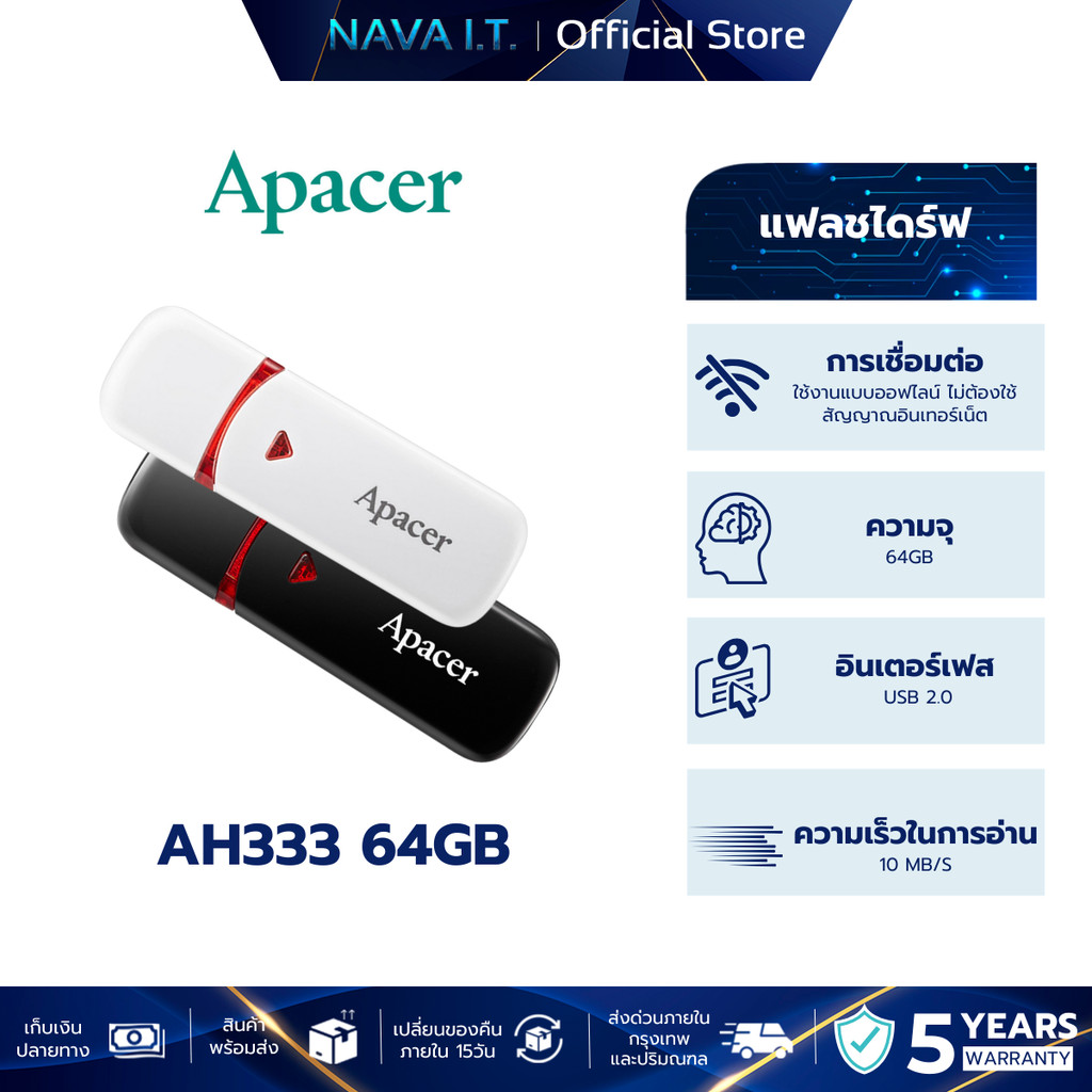 APACER AH333 64GB USB 2.0 WHITE/BLACK แฟลชไดรฟ์ | Shopee Thailand