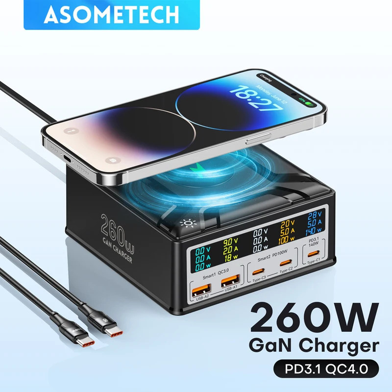 ที่ชาร์จ ASOMETECH 260W GaN จอแสดงผลดิจิตอล ที่ชาร์จ USB Type C 140W PD3.1 PPS QC4.0 สำหรับแล็ป ...