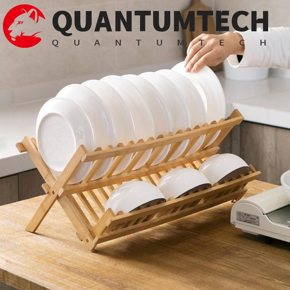 QUANTUMTECH ชั้นวางจานพับ, 2 ชั้น Retro ชั้นวางจานแห้ง, ไม้ไผ่ทนทานธรรมชาติพับผู้ถืออบแห้งห้อง ...