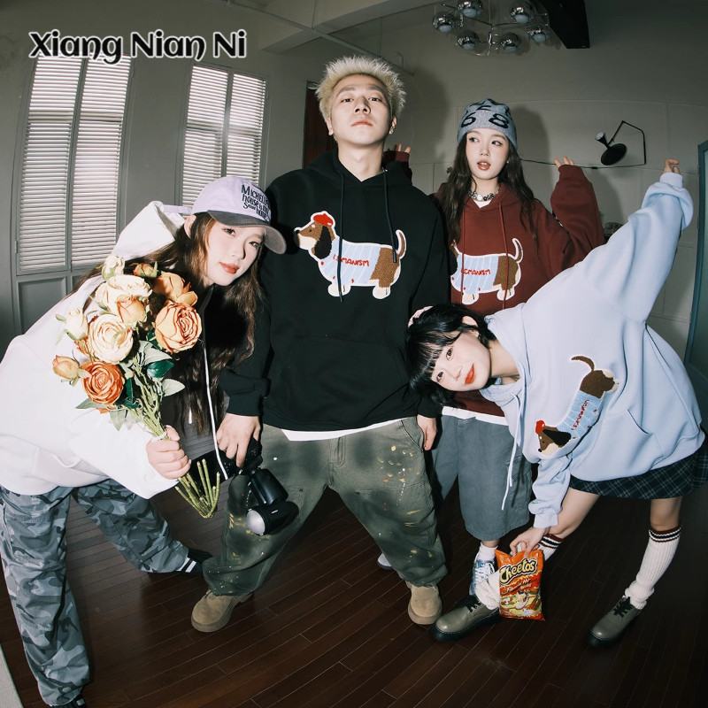 Xiang Nian Ni สุภาพสตรีเสื้อกันหนาวสไตล์อเมริกันสตรีทหลวมคลุมศีรษะคู่แขนยาวด้านบน | Shopee Thailand