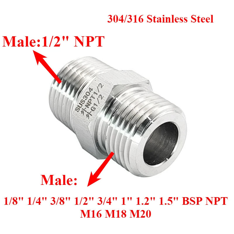 1/2 "NPT ชายกับชาย HEX nipple-304สแตนเลส, เหมาะกับ M16-M20, 1/8"-1 "bsp/npt, อะแดปเตอร์ลดท่อ ...