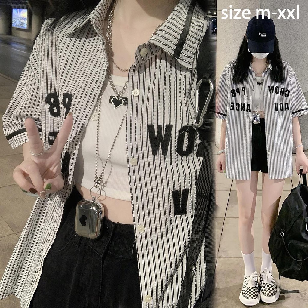 mim&didi#เสื้อเบลาส์ผู้หญิง ทรงหลวม เสื้อเชิ้ตลายทาง แฟชั่นอเมริกันย้อน ...