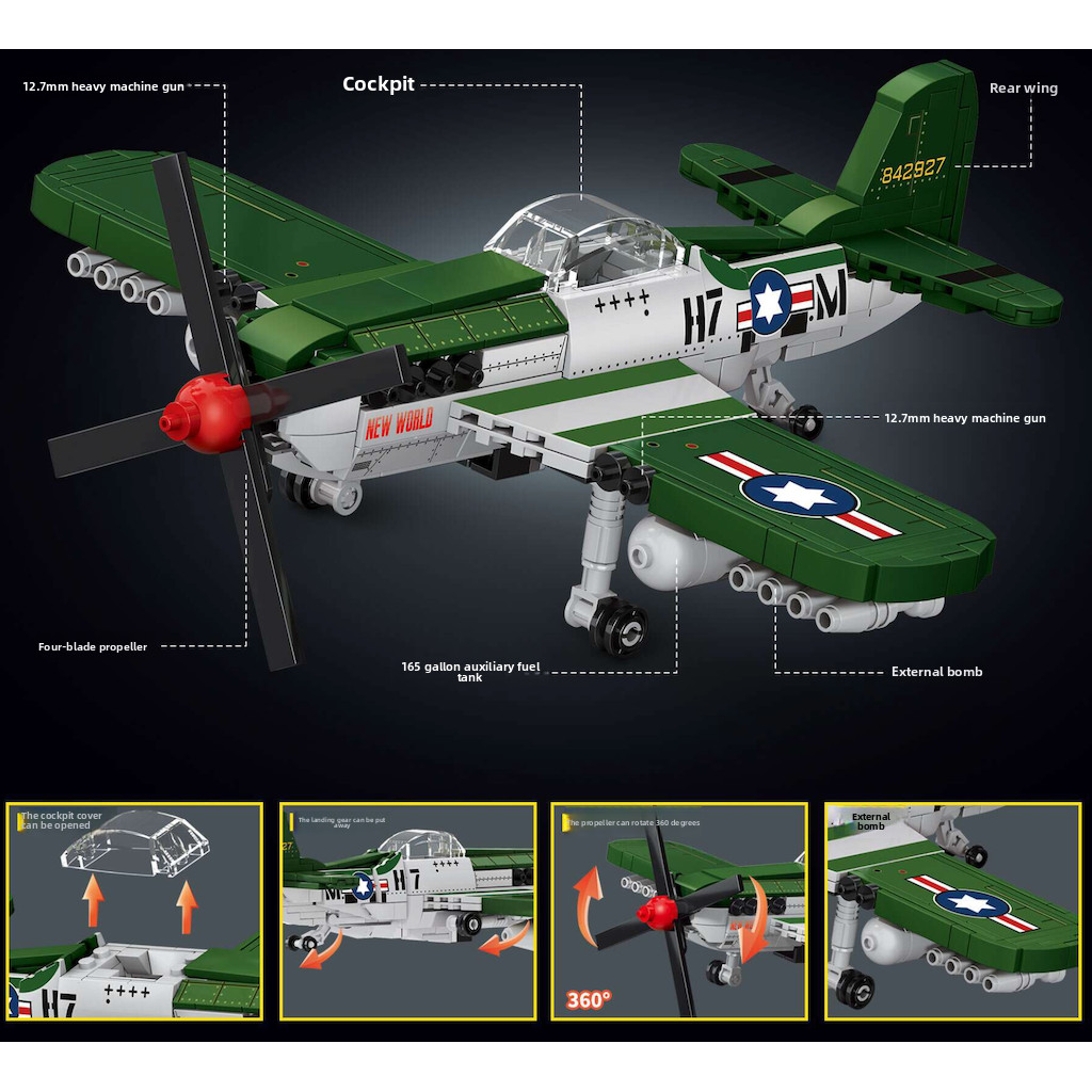MYBRICKSTORE 562PCS MOC P-51 Mustang Air Fighter Plane รูปพัฒนาของเล่น ...