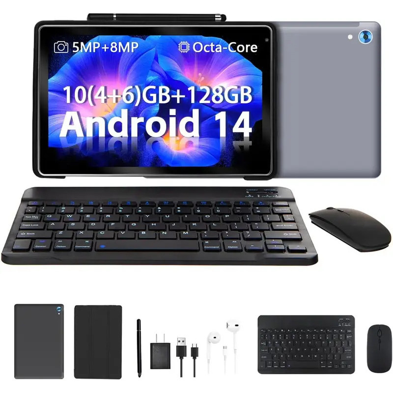 C108 10.1นิ้วแท็บเล็ต OCTA-Core Processor 10GB RAM 128GB ROM Android 14พร้อมเคสหูฟังคีย์บอร์ดไร้ ...