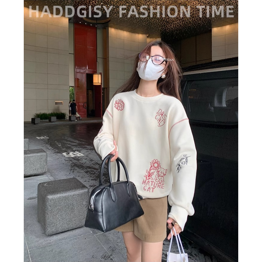 ฤดูหนาวเกาหลีผู้หญิงปักอเนกประสงค์สบายๆหลวมรอบคอเสื้อกันหนาว 241127 | Shopee Thailand