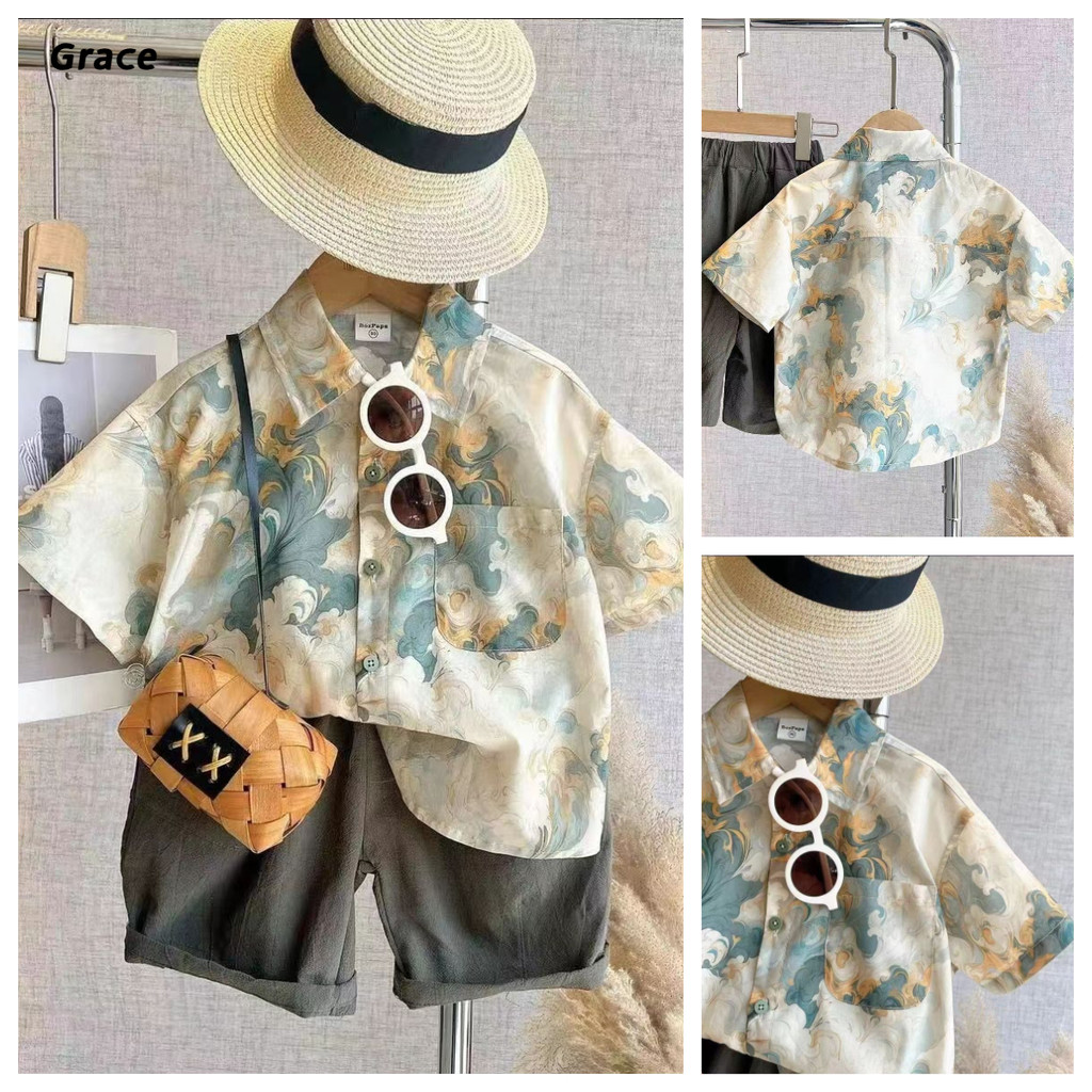 [Grace] ชุดสูทแฟชั่นเด็กผู้ชายฤดูร้อนสไตล์ใหม่วันหยุดเสื้อแขนสั้น ...