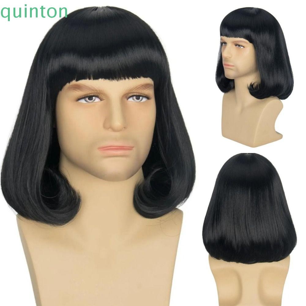 QUITON วิกผมคอสเพลย์ผู้ชาย, ผมสังเคราะห์ยาวไหล่สีดําสั้น Bob วิกผม, Disco Full Bangs เต็มหัวที่ ...