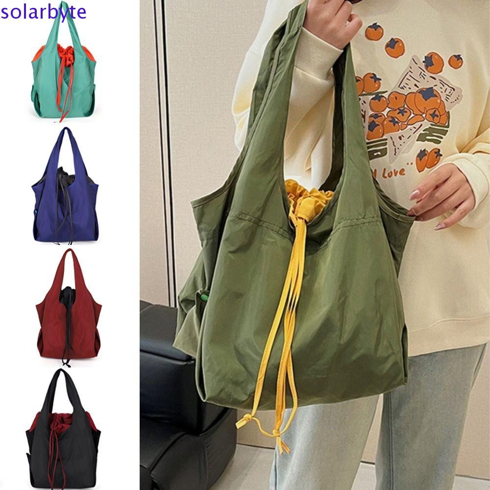 SOLARBYTE กระเป๋าถือดีไซน์เชือกรูด, ไนลอนกันน้ําพับได้ถุงช้อปปิ้ง, ถุงเก็บความจุขนาดใหญ่แบบสบาย ...