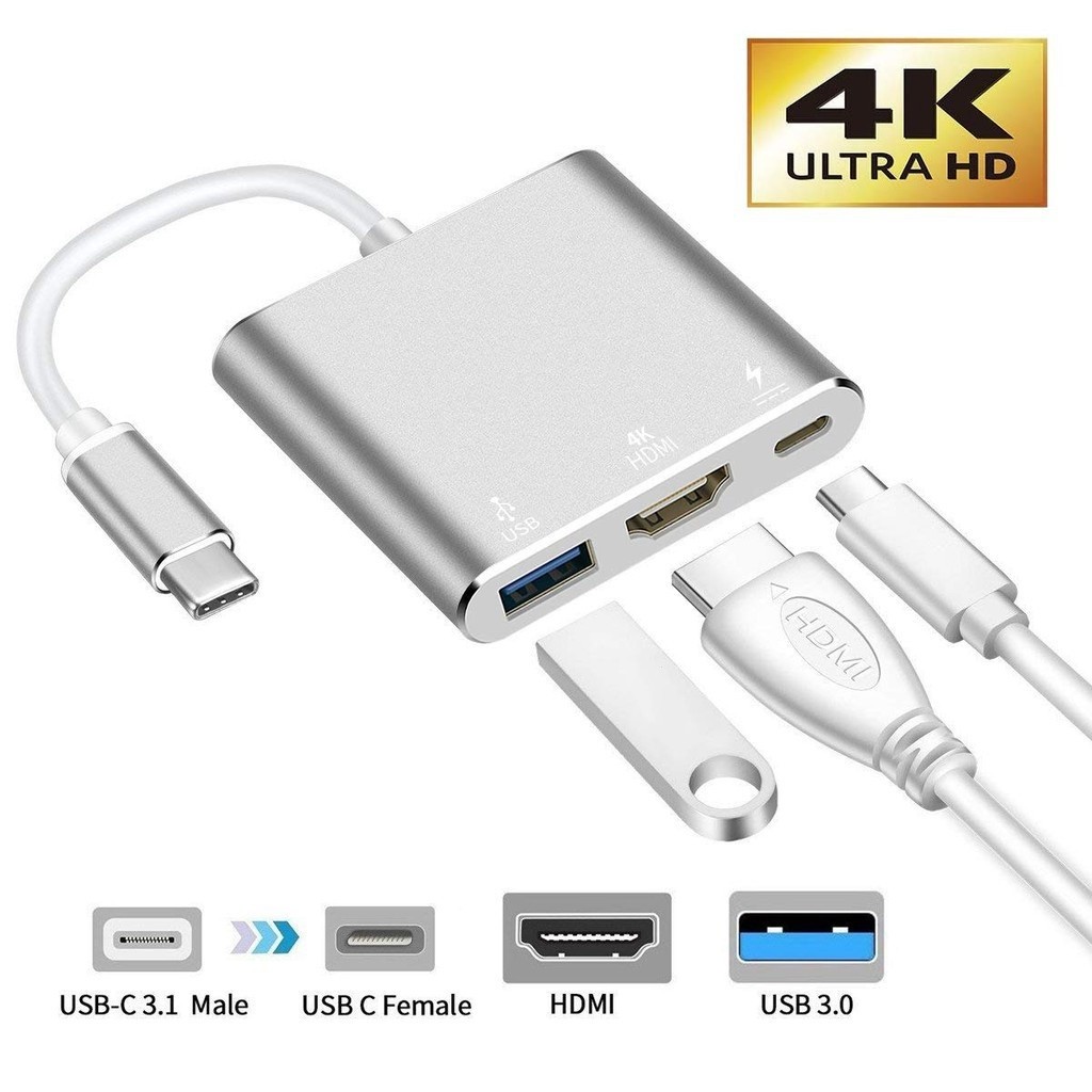 3in1 Type-C to HDTV+USB3.0+PD อะแดปเตอร์ USB C to HDMI 4K Fast Charging ...