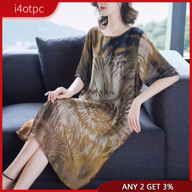 I4otpc ชุดเดรสผู้หญิงขนาดบวกผ้าไหมน้ําแข็งพิมพ์แขนสั้นลูกเรือคอชุดยาวกลาง | Shopee Thailand