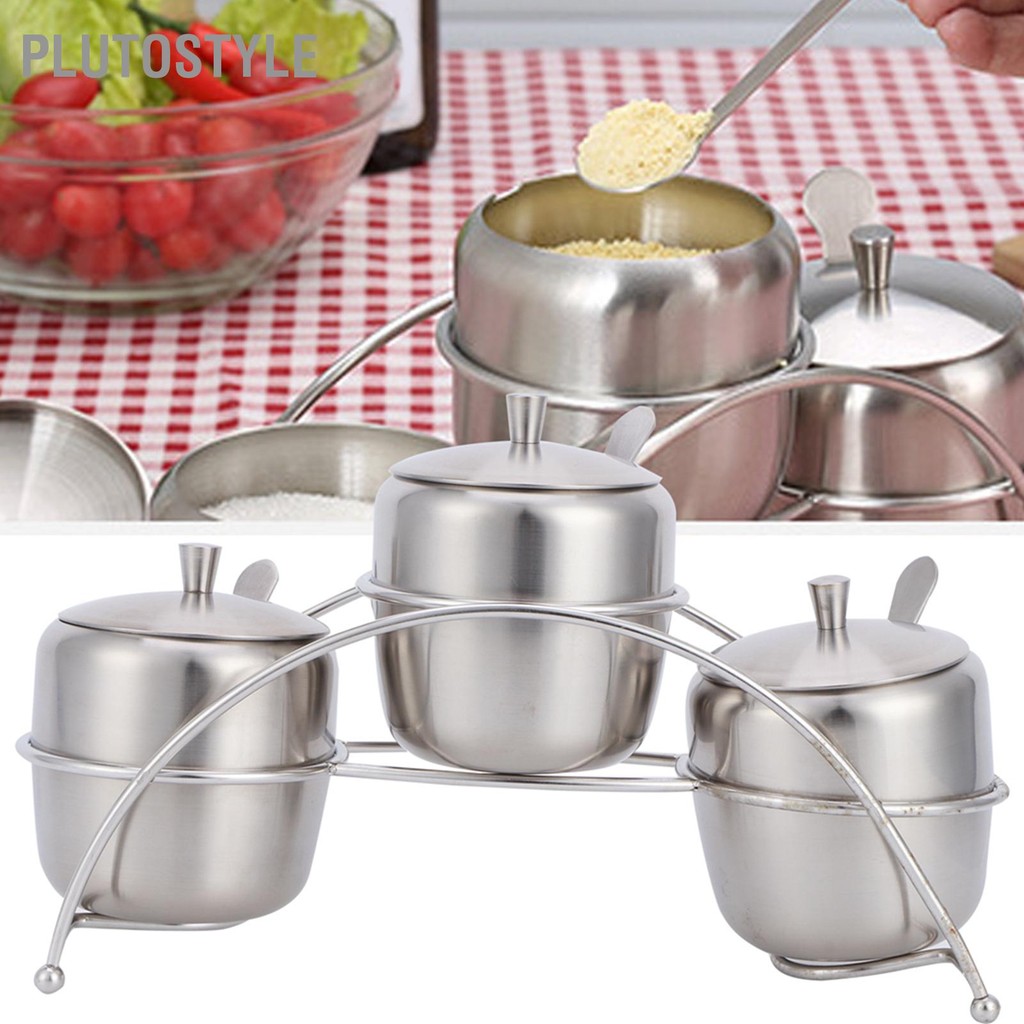 PLUTOSTYLE 304 Stainless Steel Condiment Pot Spice Container Salt Sugar ...