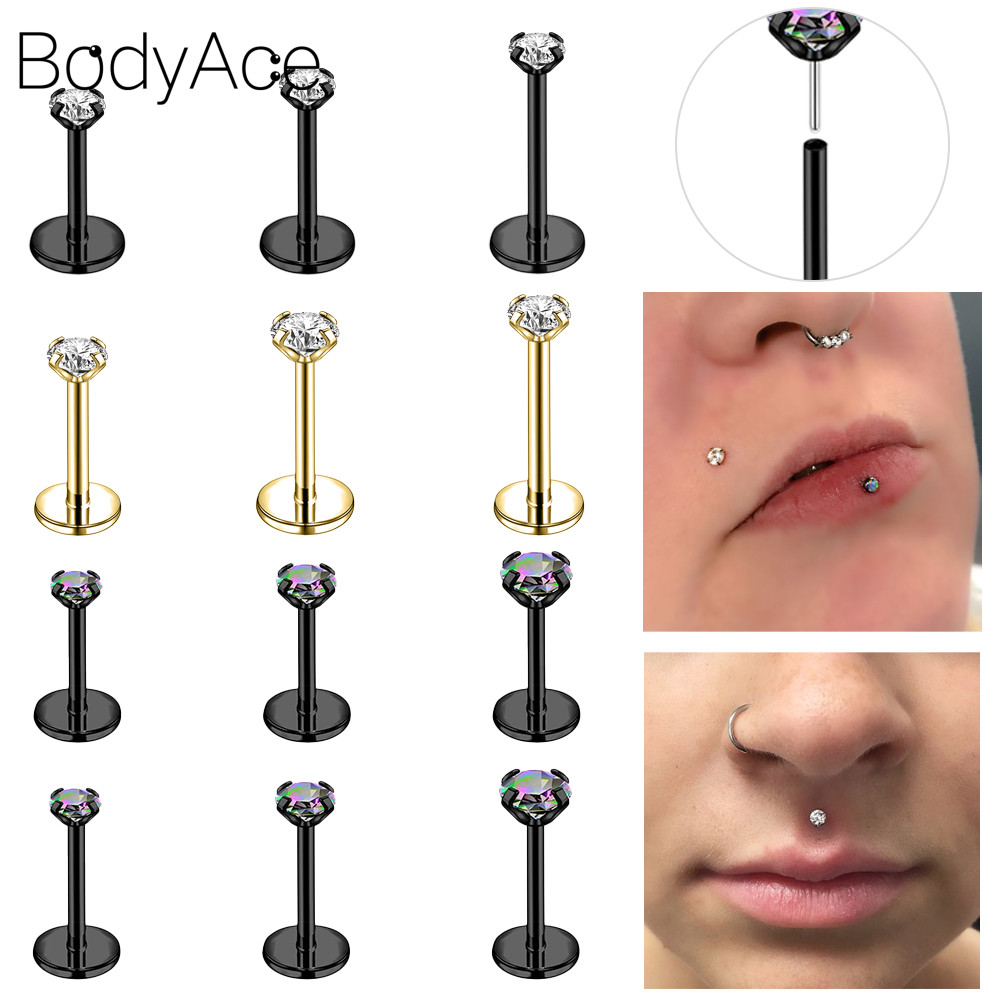 Bodyace 1 Pc สแตนเลสสตีล Lip Stud 16G/18G/20G Lip Piercing คริสตัล ...