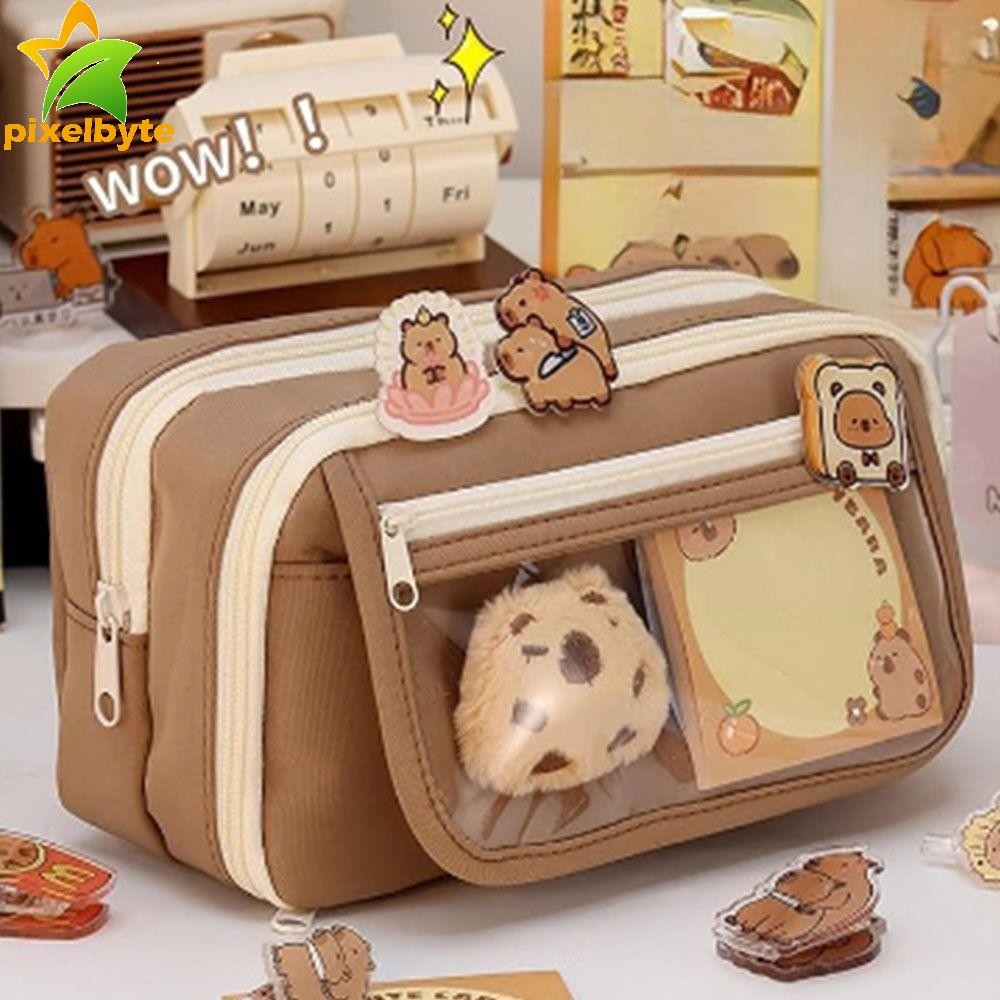 PIXELBYTE Capybara กระเป๋าดินสอ, ความงามใสความจุขนาดใหญ่กล่องดินสอการ์ตูน, แบบพกพา Multi-layer ...