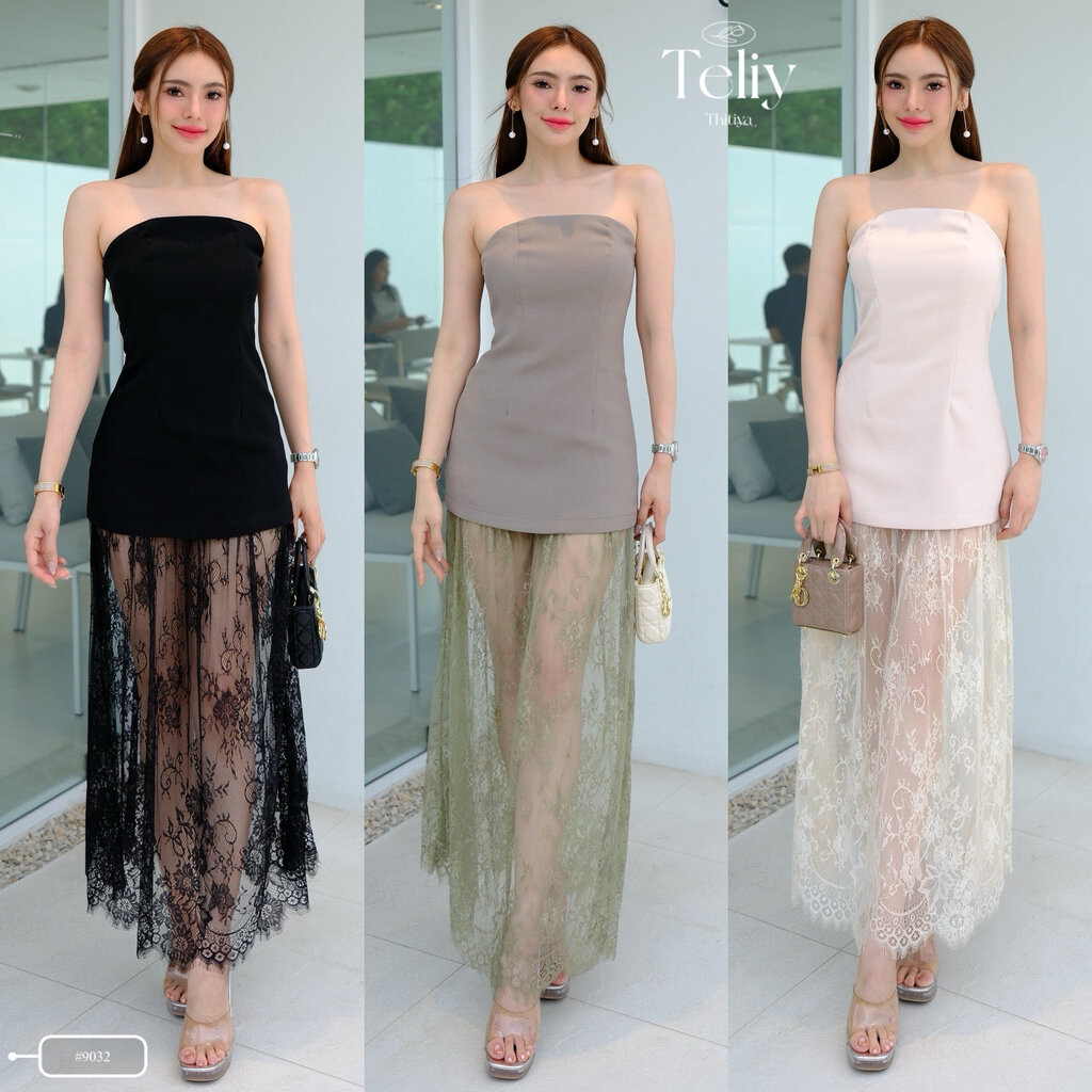 #9032 Teliy Dress เดรสเกาะอกผ้าพรีเมี่ยมซับในทั้งตัว แต่งชายลูกไม้ ทรง ...