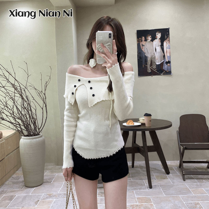 Xiang Nian Ni เสื้อสเวตเตอร์แขนยาวสีแดงไหล่เดียวปกฝรั่งเศสของผู้หญิงเสื้อเปิดไหล่ทรงเข้ารูปใหม่ ...