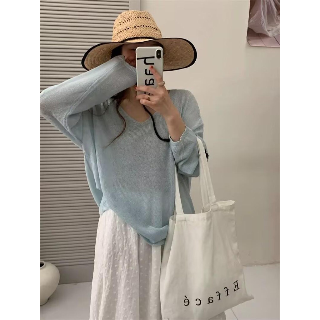 ฤดูร้อนถัก Sun-Protective Smock, คอวีหลวมและโปร่งใสเล็กน้อยถักเสื้อกัน ...