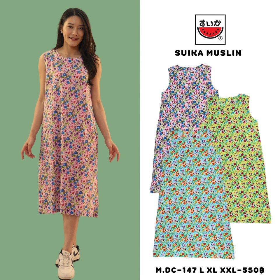 เสื้อแตงโม (SUIKA) - เดรสคอปาดแขนกุด ผ้าป่านมัสลินลายดอกไม้ (M.DC-147) | Shopee Thailand