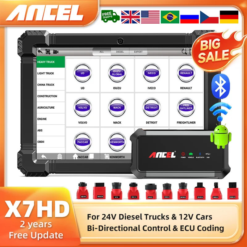 2025 Ancel X7 HD เครื่องมือวินิจฉัยรถบรรทุกดีเซลหนัก ECU รีเซ็ตน้ำมัน ...