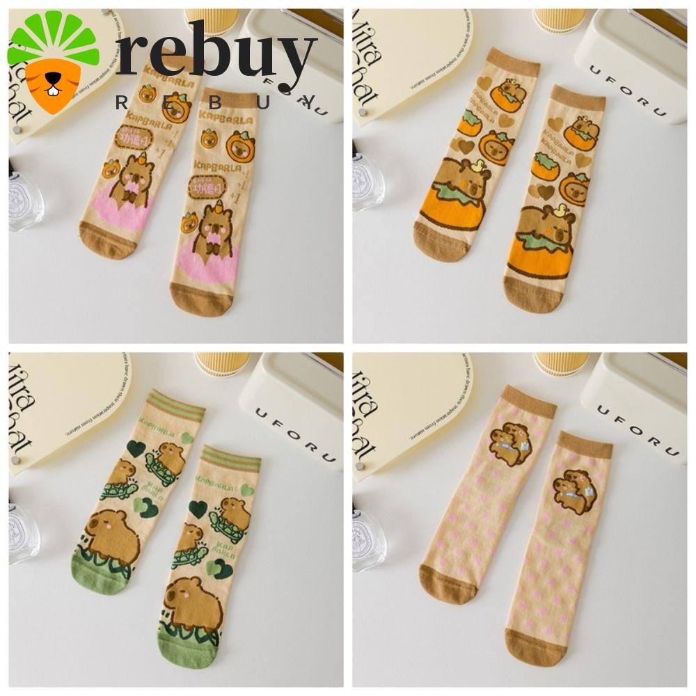 Rebuy 3 คู่ผ้าฝ้ายถุงเท้ากลางลูกวัว, Patchwork Dot Capybara ถุงเท้าหลอด ...