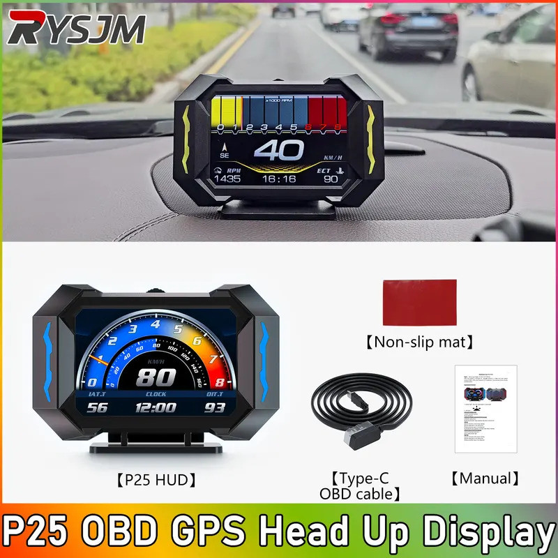 จอแสดงผลรถยนต์ OBD GPS HUD P25 จอ LCD แสดงความเร็วของรถ เครื่องวัดอุณหภูมิน้ำ โวลต์มิเตอร์ การ ...