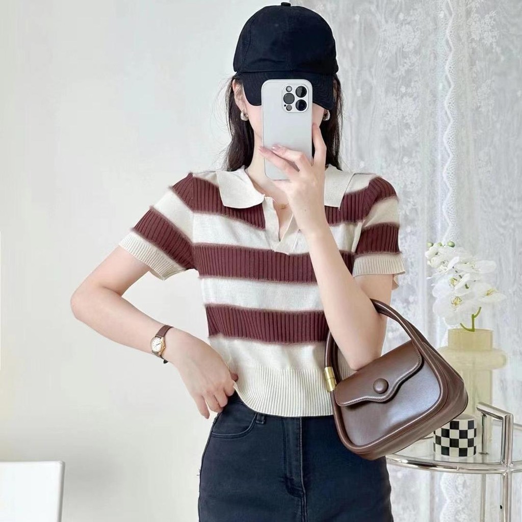 M0121#เสื้อยืดลายทางไหมพรม สีสวย สดใสสุด เสื้อยืดคอปก เสื้อครอปหน้าวี เสื้อแฟชั่นผญ | Shopee ...