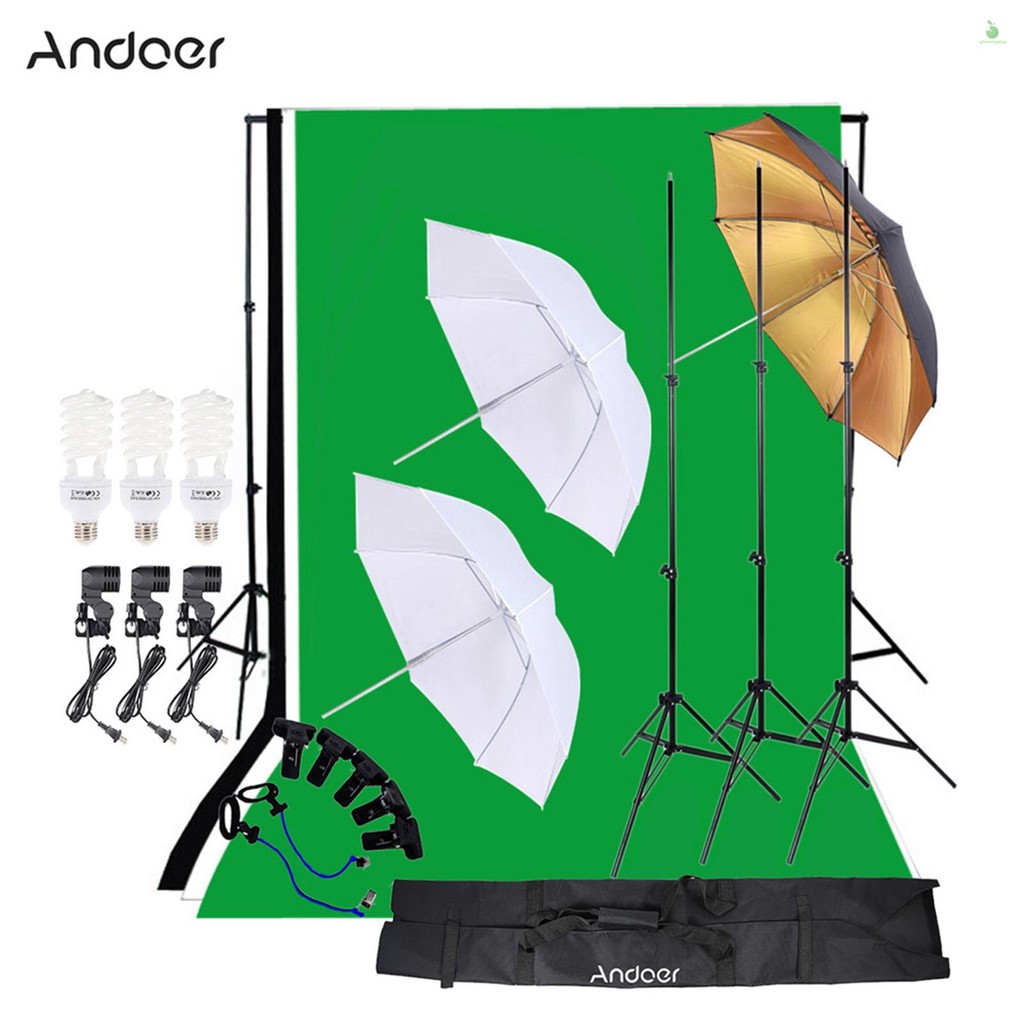 Andoer Photo Studio Kit การถ่ายภาพ 45W หลอดไฟ Muslin ฉากหลังขาตั้ง E27 ซ็อกเก็ตไฟร่มนุ่มสีดํา ...