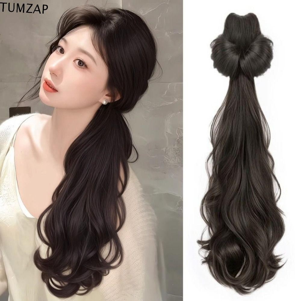 Tumzap แฮร์พีชหางม้า,ต่อผมลอนยาวหยักกรงเล็บหางม้า,อุปกรณ์ผมผมหางม้าต่ําสังเคราะห์วิกผมหัวบอลปลอม ...