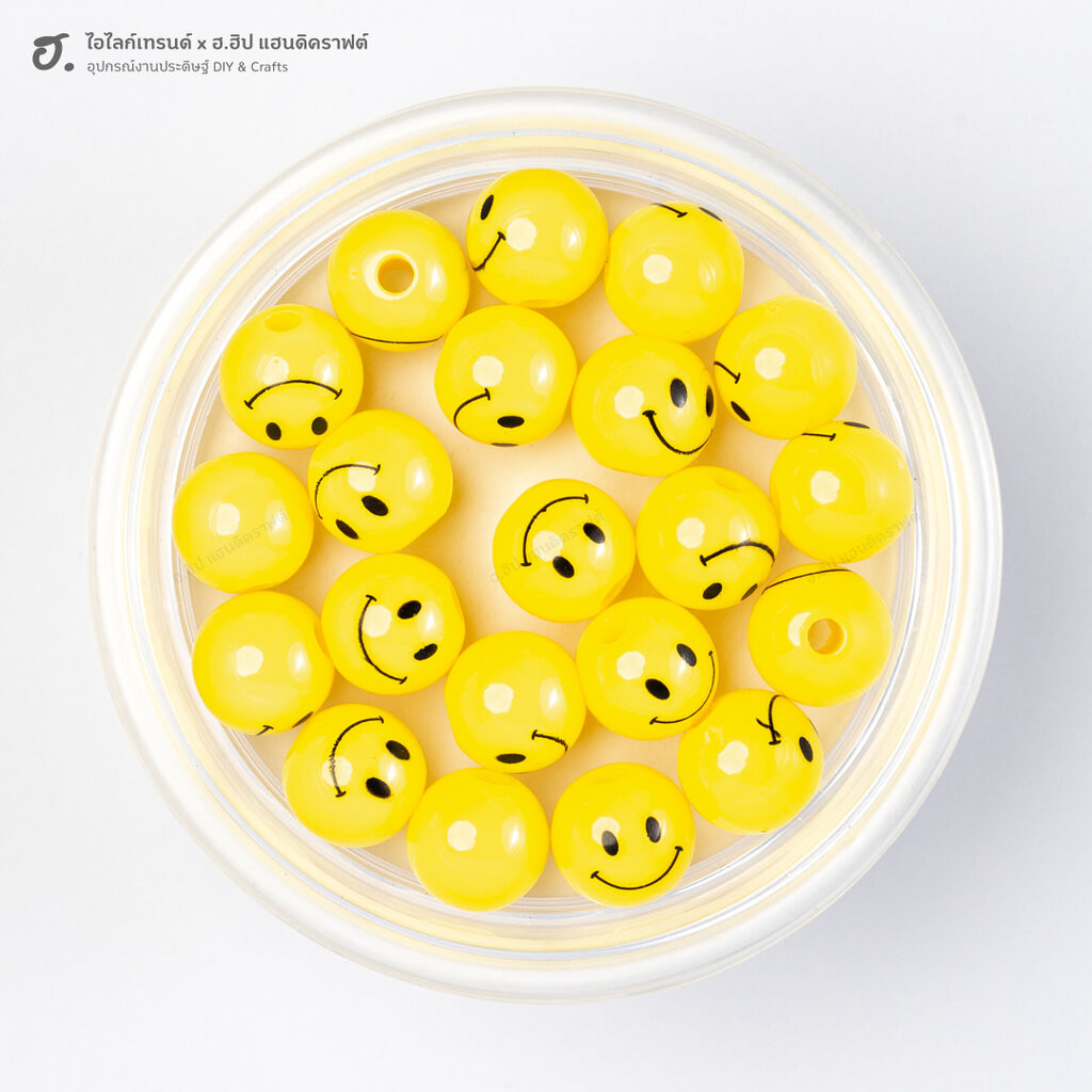 ลูกปัดตกแต่ง หน้ายิ้ม ทรงกลมเหลืองยิ้มดำ Yellow Happy Face Round ...