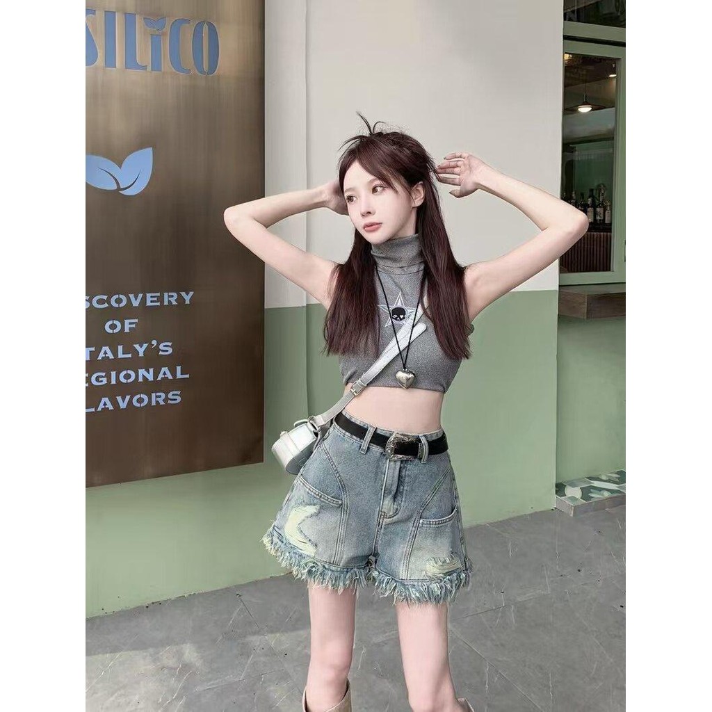 Ming-Ge กางเกงยีนส์ขาสั้น เอวกลาง สีฟ้าออกเขียนมิ้น พร้อมส่ง | Shopee ...