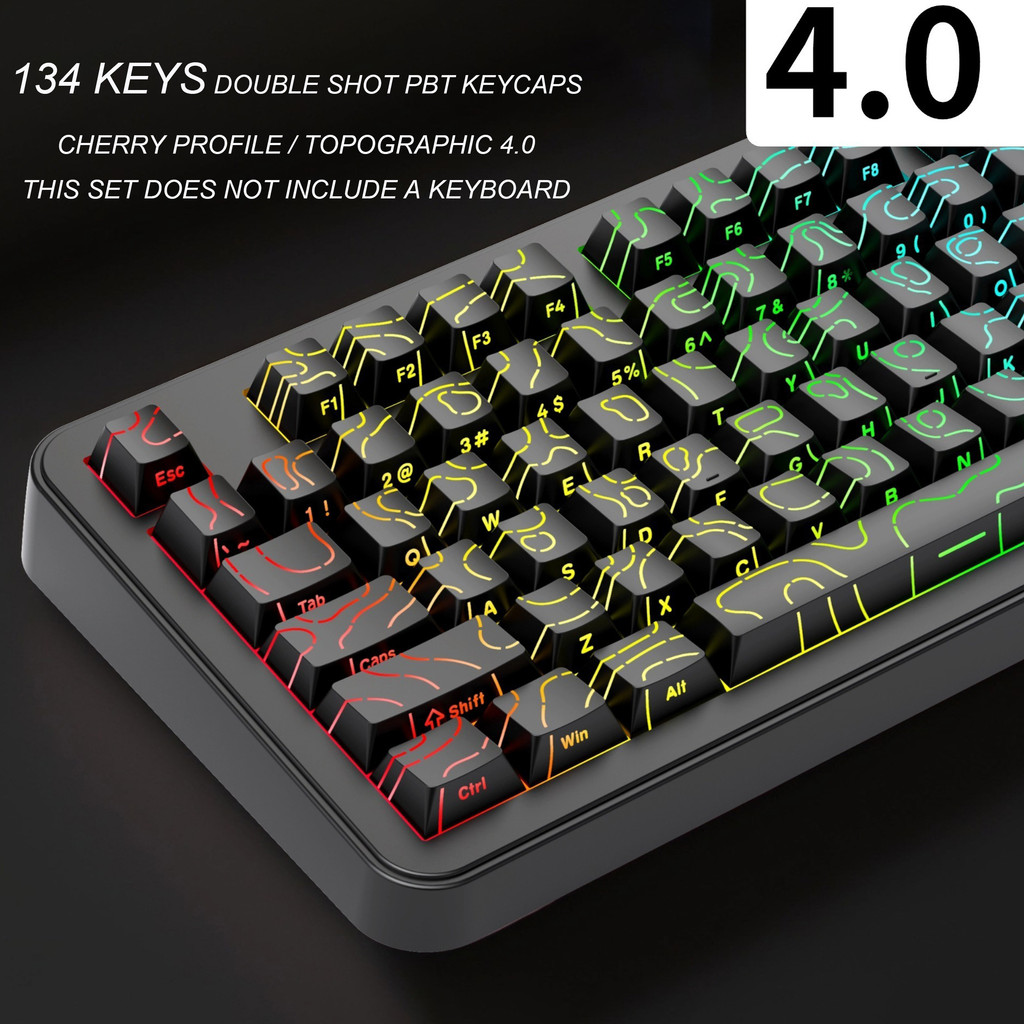 134 คีย์ Double Shot PBT Keycap สีดํา Topographic 4.0 Side-lit RGB ...