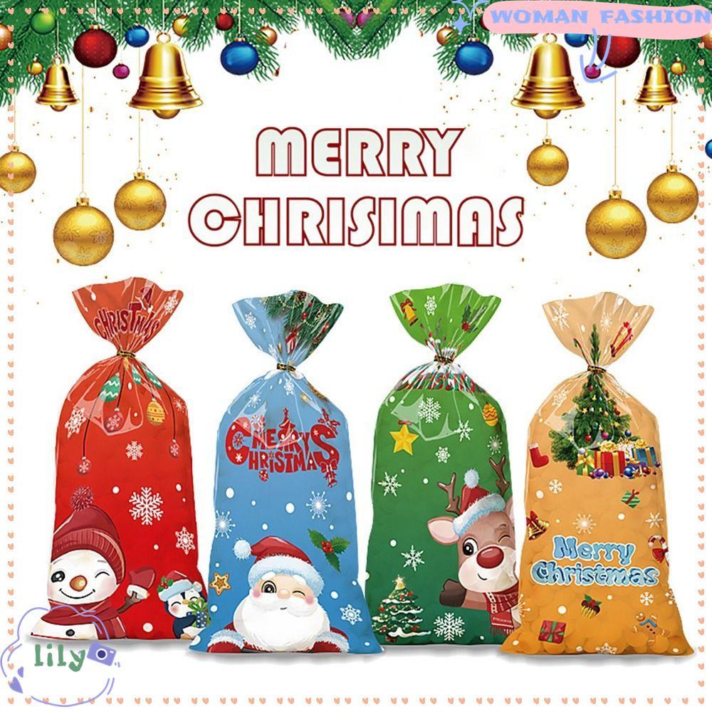 LILY 50/100pcs Xmas บิสกิตกระเป๋า, OPP Self กาวถุงขนมคริสต์มาส, Merry ...