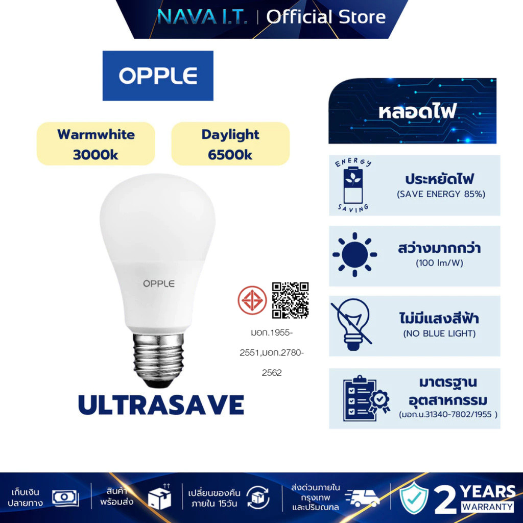 OPPLE หลอดไฟ LED BULB ขั้ว E27 UltraSave 5W/7W/9W/12W/15W ถนอมสายตา ...