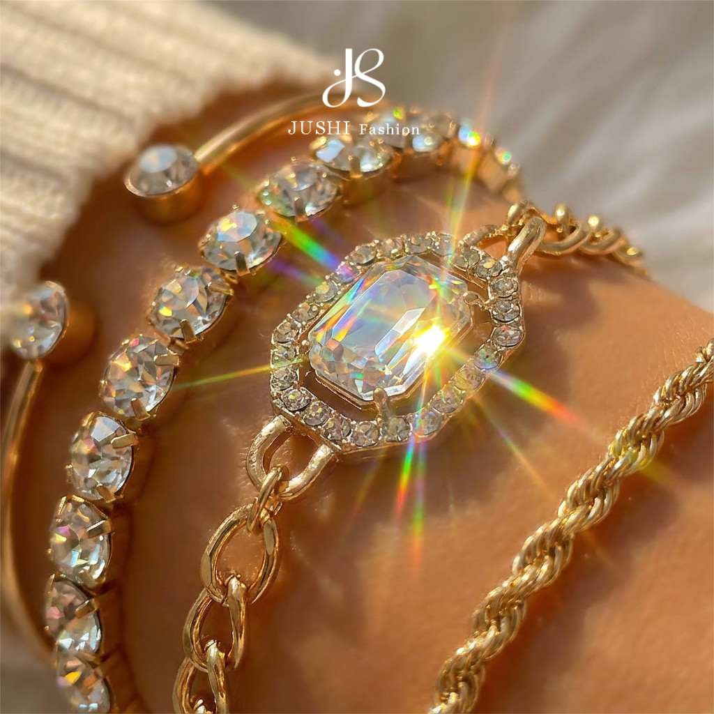 JUSHI สร้อยข้อมือเพชรทรงเหลี่ยม Retro Style สำหรับผู้หญิง ของขวัญวัน ...
