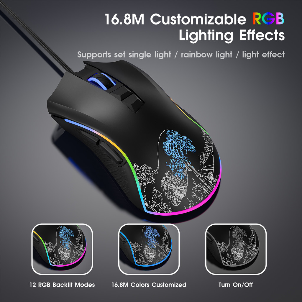 XVX G705 Kanagawa Theme เมาส์สําหรับเล่นเกมสีดํา 7 ปุ่มตั้งโปรแกรมได้ ...
