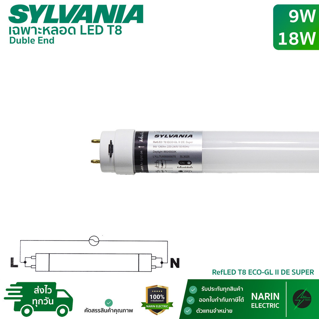 Sylvania หลอดไฟ LED T8 9W 18W หลอดสั้น 60cm หลอดยาว 120cm รุ่น ECO-GL ...
