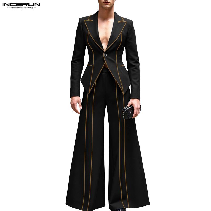 INCERUN ชุด.party สไตล์วินเทจสำหรับผู้ชาย ดีไซน์แขนยาวและลายตัดเย็บที่ ...