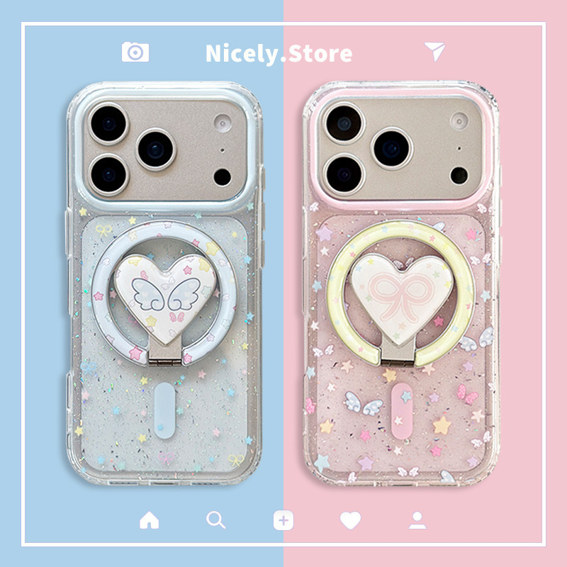 INS ปีก Bowknot รูปหัวใจ Flip Bracket เคสโทรศัพท์แม่เหล็กสําหรับ iPhone ...