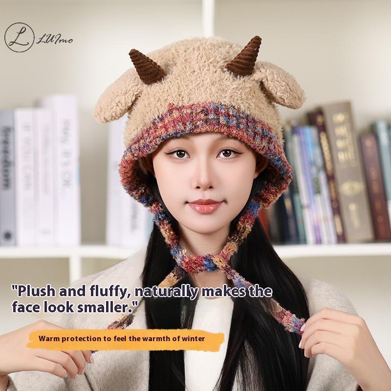 LUImo หมวกสองชั้นลายลามบ์สไตล์เกาหลี น่ารัก อุ่นและกันหนาวดี มีการถัก ...