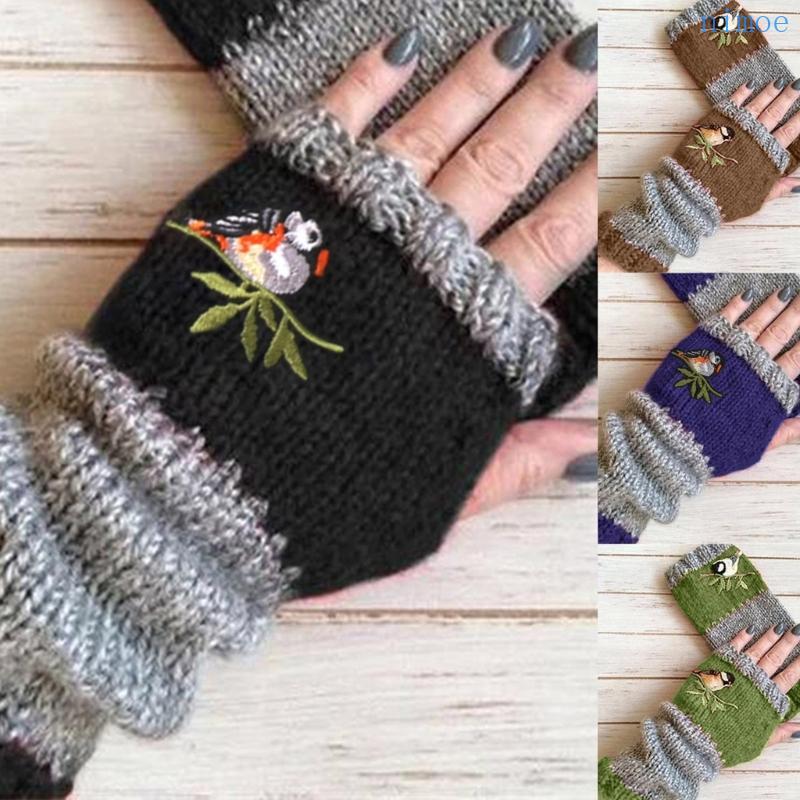 Winter Knitted Fingerless Gloves Bird Embroidered Thumb Hole Half ...