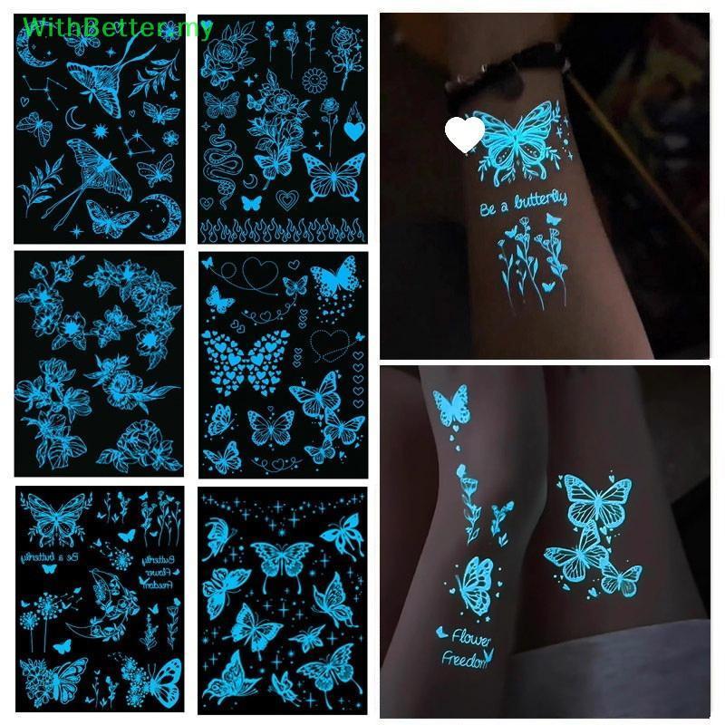 ด้วยดีกว่า 1/6 แผ่น Blue Luminous Glow Tattoo สติกเกอร์กันน้ําชั่วคราว ...