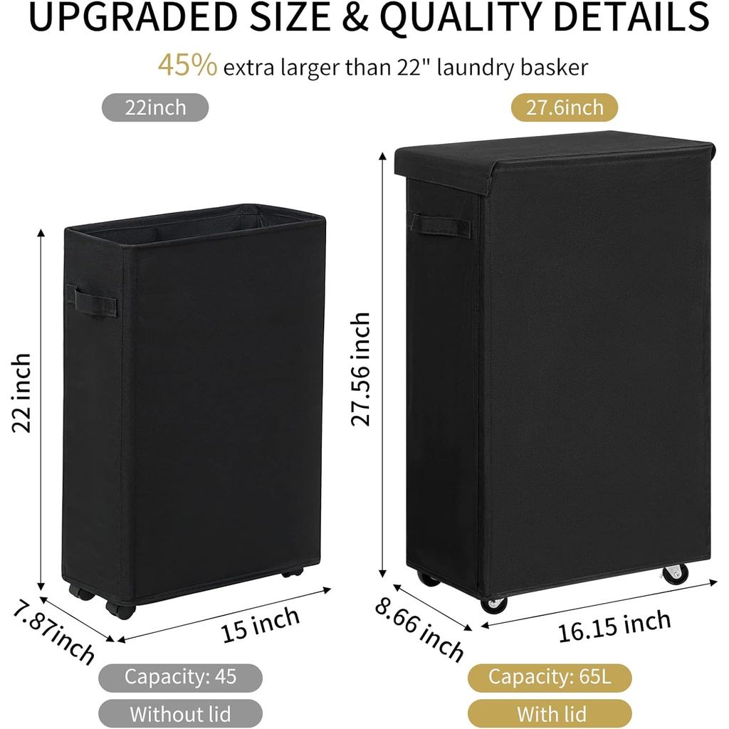 Chrislley 65L Slim Laundry Hamper with Lid Narrow Rolling Laundry ...