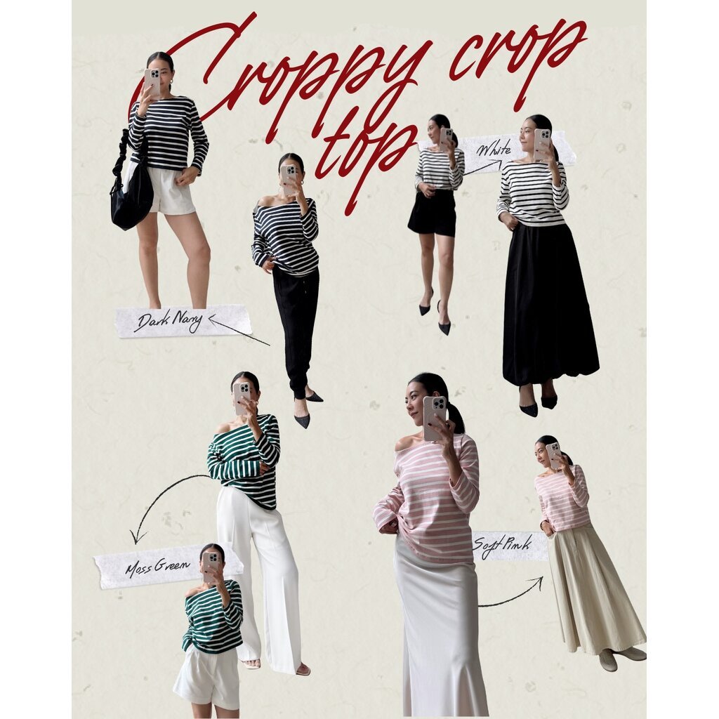 NEW CROPPY เสื้อเเขนยาวคอปาด ลายทาง ตัวสั้นเเละตัวยาว เนื้อผ้าคอตตอน ...