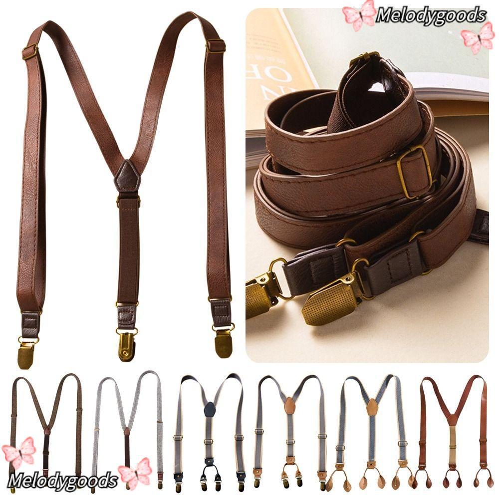 MELODG Y-Type Suspenders สไตล์เรโทรสีน้ำตาล พร้อม 4 คลิปสายยางยืดแบบ ...