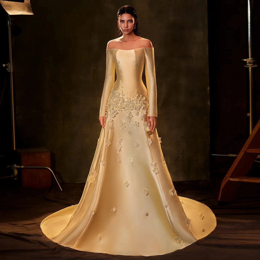 Sharon Said สีเหลืองแขนยาวชุดราตรียาวแบบอาหรับปิดไหล่ เหมาะสำหรับงาน ...